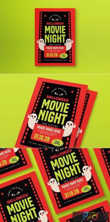 Red Flat Design Halloween Movie Night Flyer V6F584B - FreePSDvn